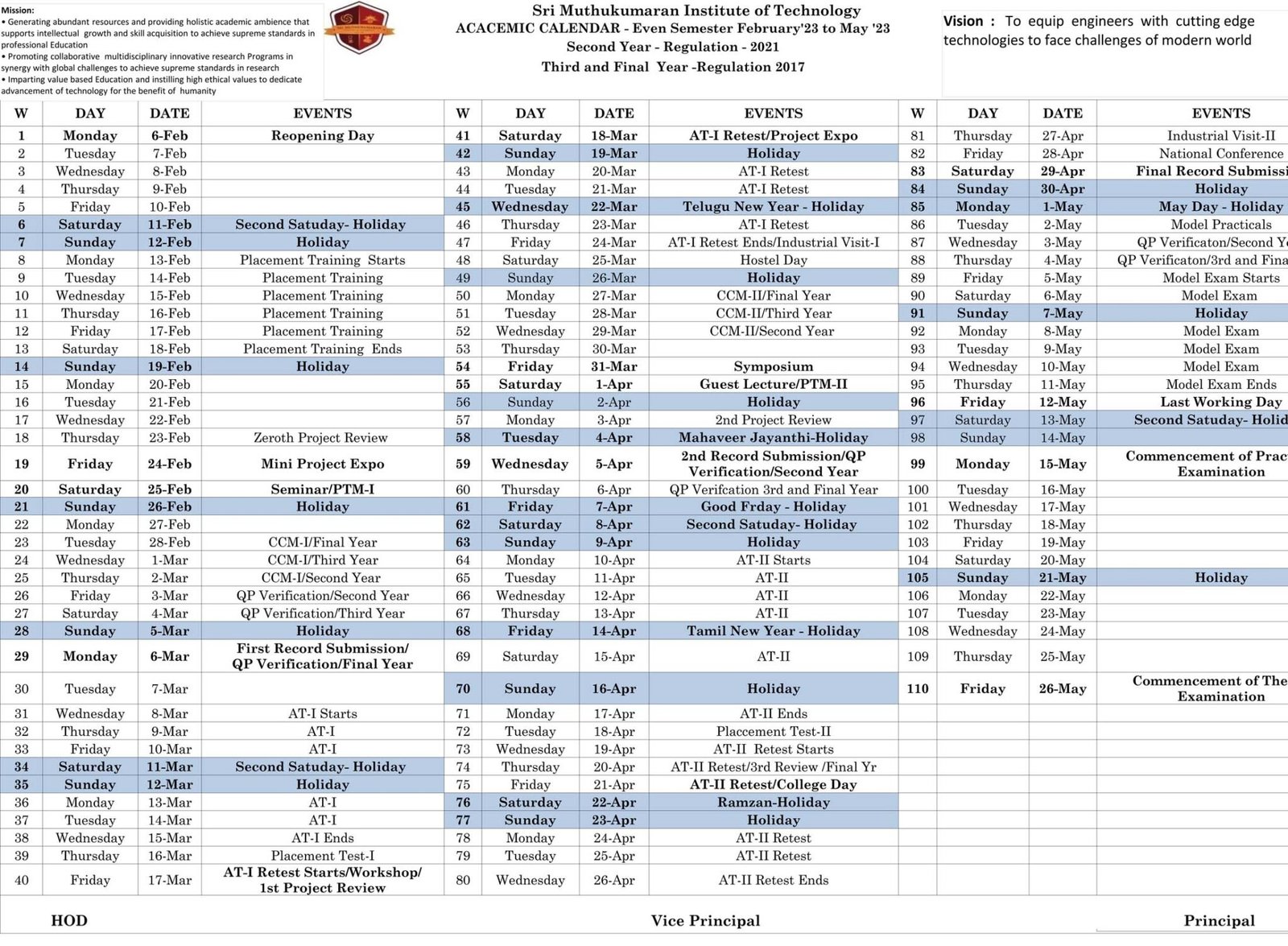MECH Academic Calendar | Sri Muthukumaran Institute